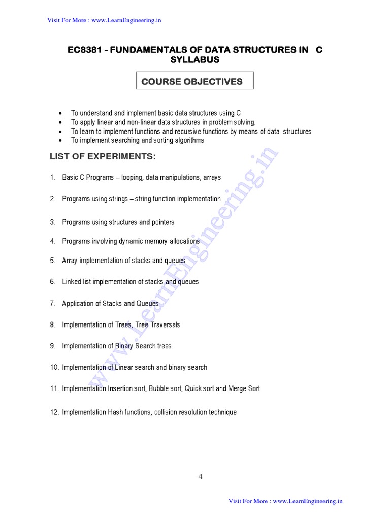 EC8381 - Fundamentals of Data Structures in C Laboratory Manual - by LearnEngineering - in | PDF ...