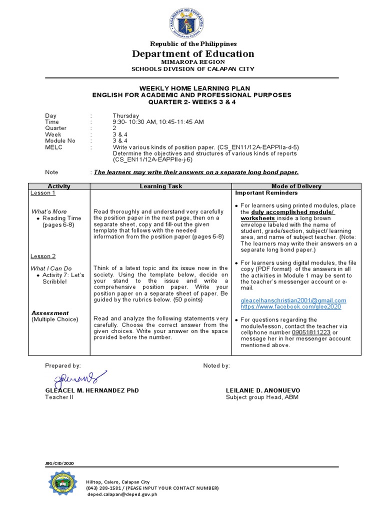 Whlp-Eapp q2 Weeks 3 & 4 | PDF | Education Theory | Pedagogy