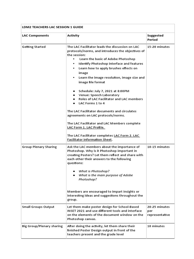 Ldm2 Teachers Lac Session 1 Guide LAC Components Activity Suggested ...