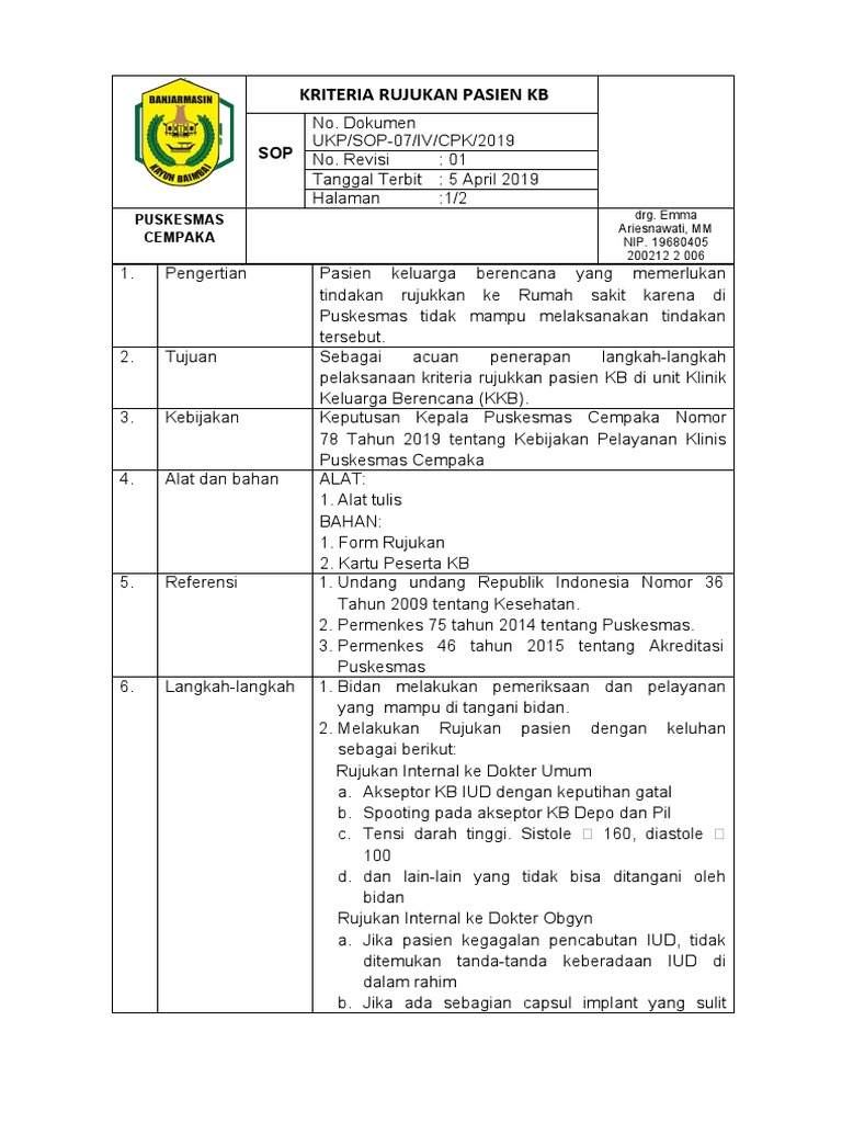 Sop Kriteria Rujukan Pasien KB | PDF