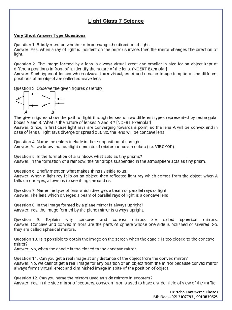 Class 7 Light: Key Concepts & Q&A | PDF | Mirror | Prism