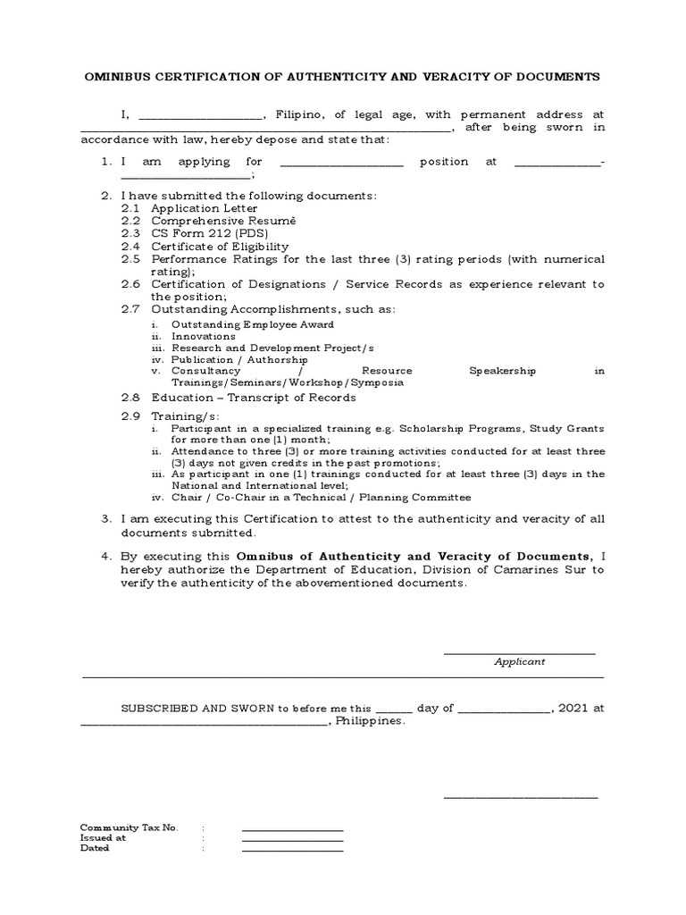 Omnibus Certification of Document Veracity | PDF | Government