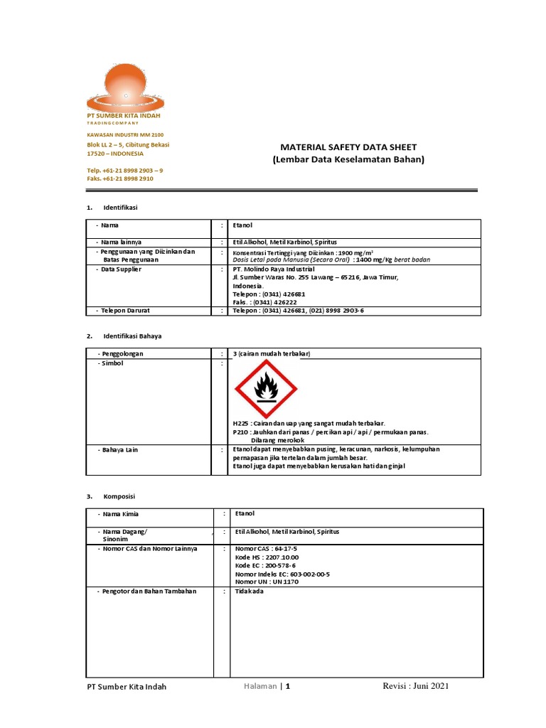 MSDS - 96 - 2017 (Etanol Indonesia) | PDF