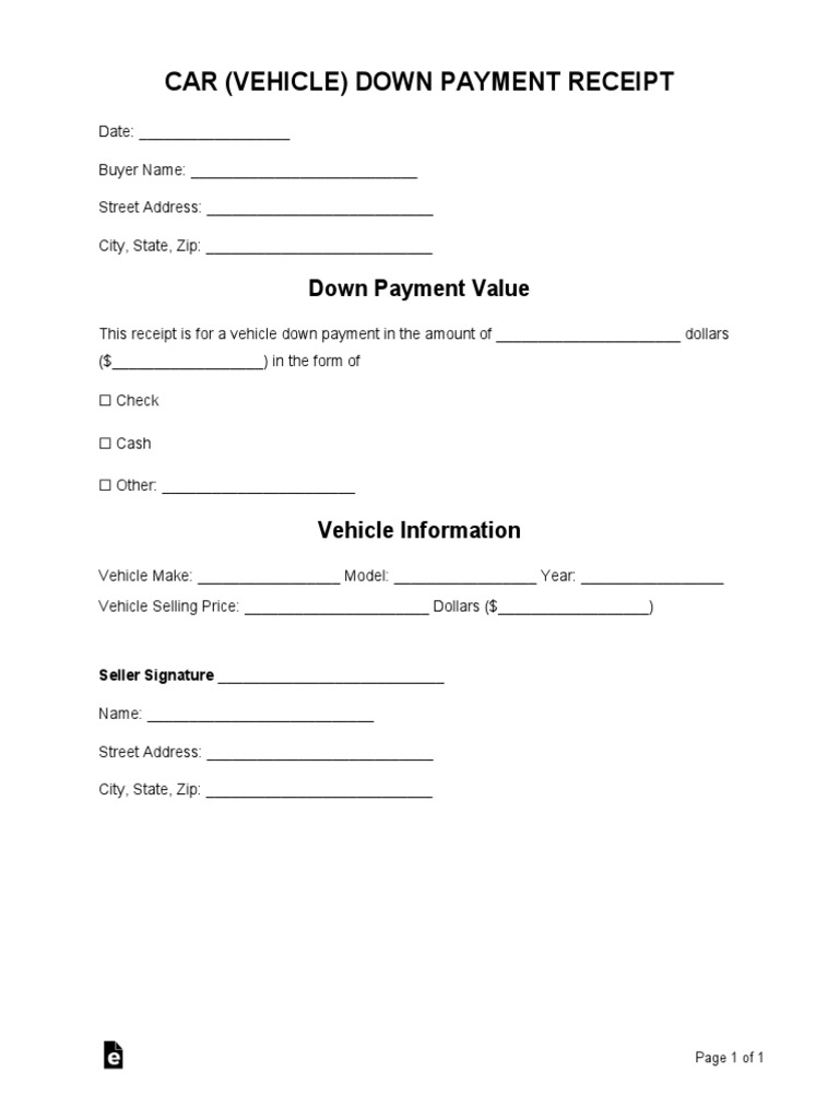 Vehicle Down Payment Receipt Template | PDF