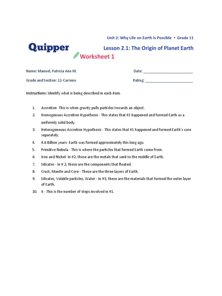 Earth Science SHS 2.1 Worksheet 1 | PDF