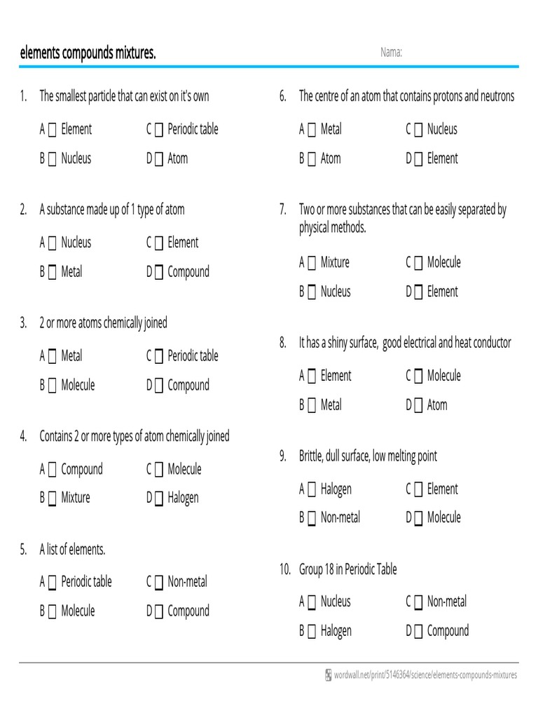 Elements, Compounds, and Mixtures Quiz | PDF | Chemical Compounds ...