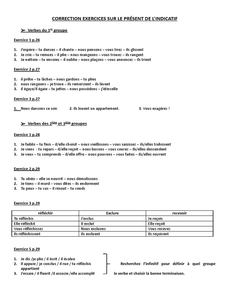Correction Exercices Sur Le Présent de L'indicatif | PDF | Conjugaison | Linguistique