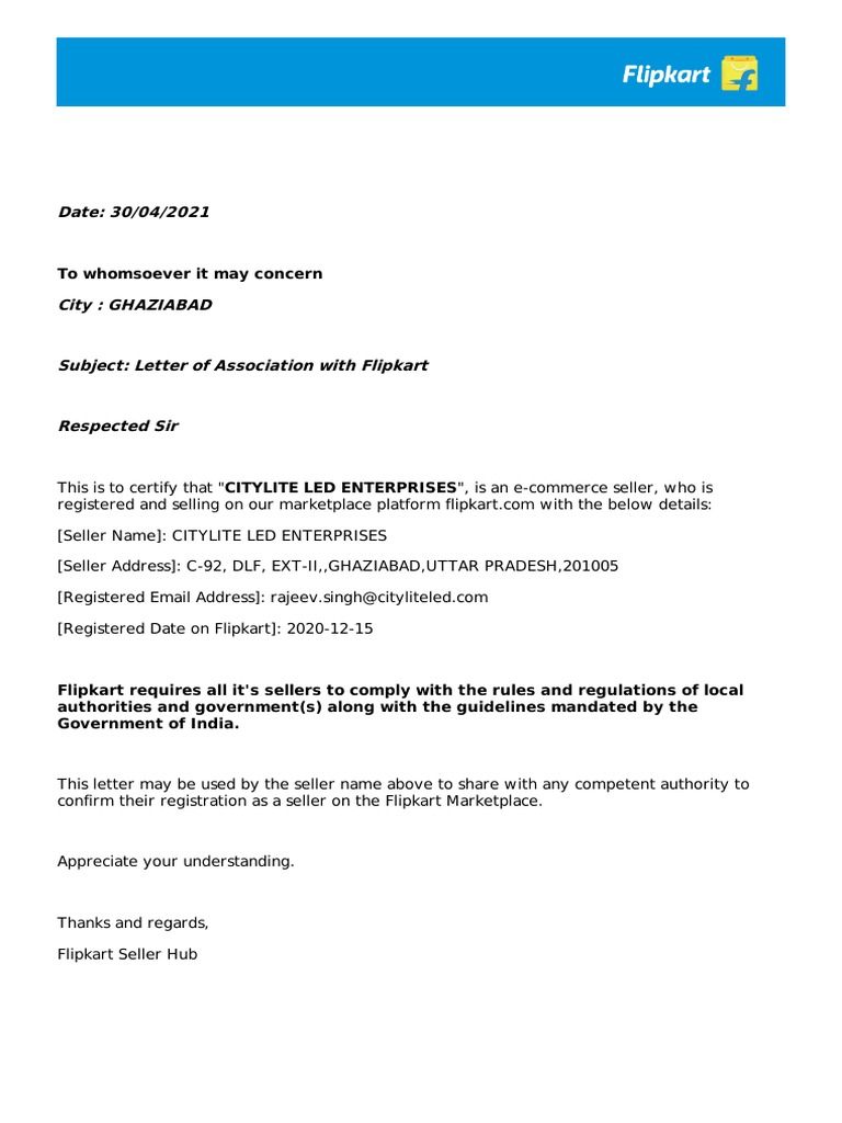 Letter of Association With Flipkart | PDF