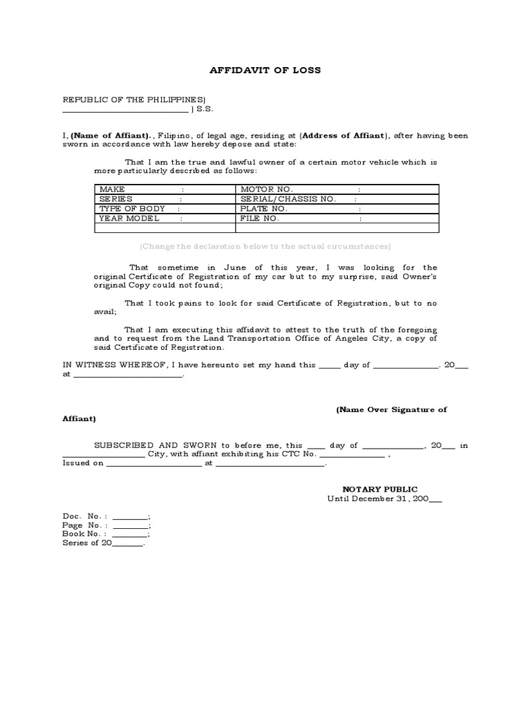 Affidavit of Loss: (Change The Declaration Below To The Actual ...