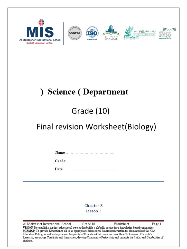 ) Science (Department: Grade (10) Final Revision Worksheet (Biology) | PDF | Muscle | Excretion