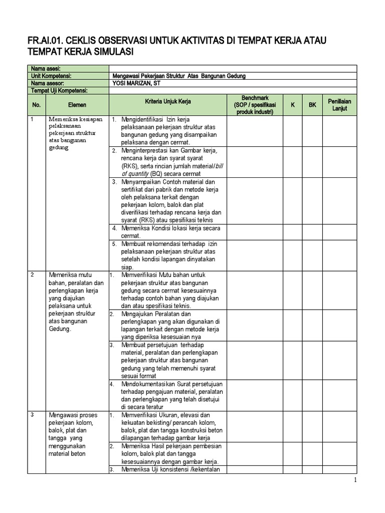 9.1 FR AI.01 Ceklis Observasi Untuk Aktivitas Tempat Kerja (BNSP) YOSI ...