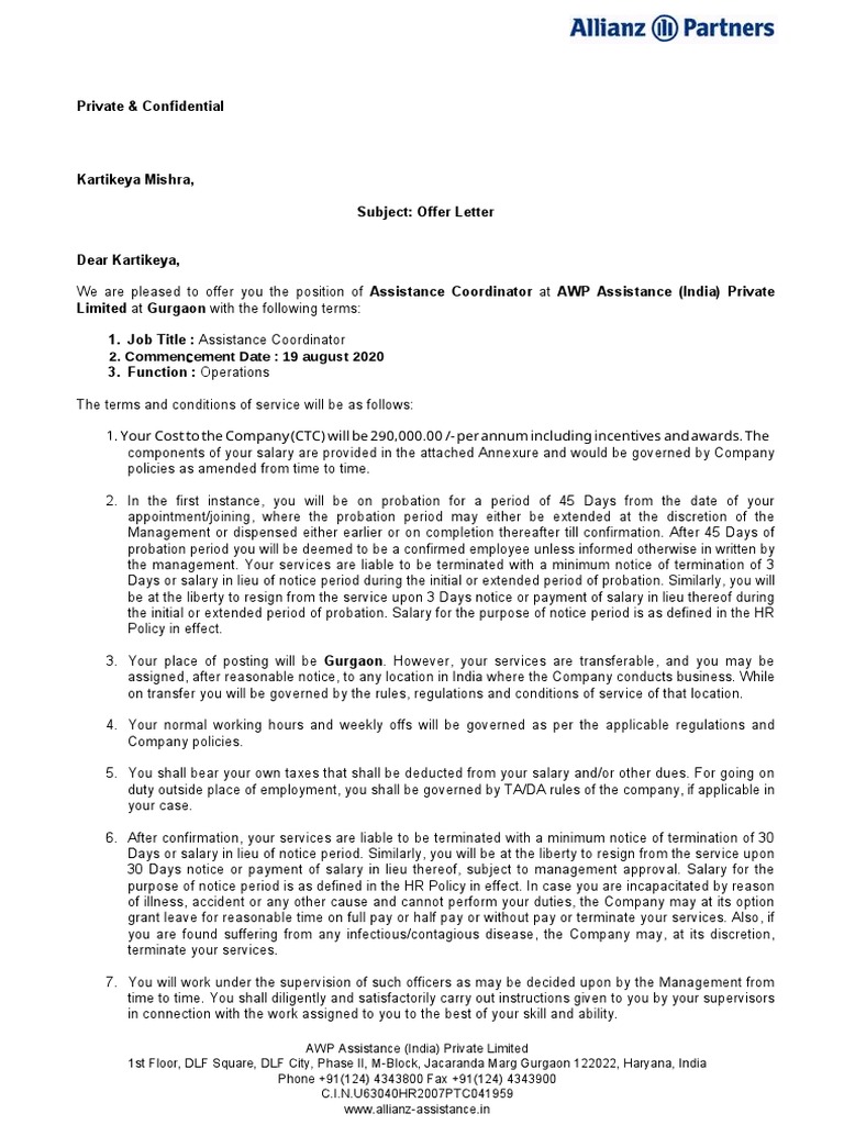 AWP Assistance Job Offer for Kartikeya | PDF | Salary | Employment