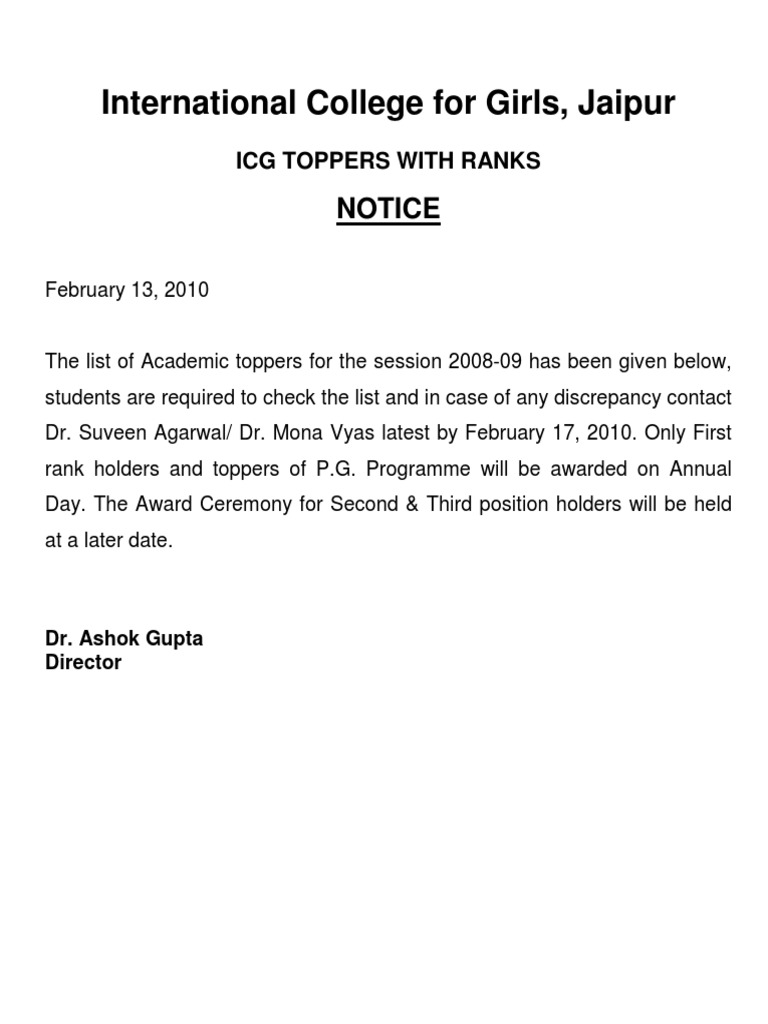 International College For Girls, Jaipur: Notice | PDF