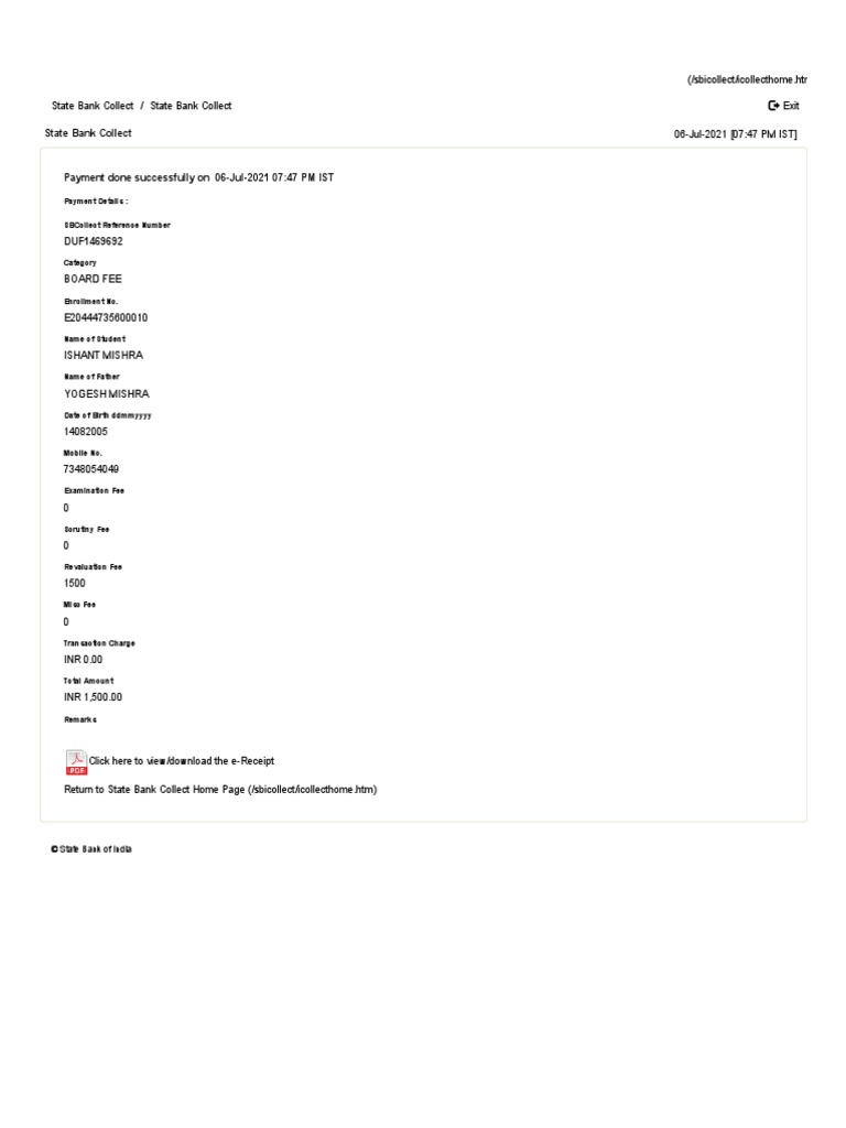State Bank Collect: Payment Details: Sbcollect Reference Number | PDF