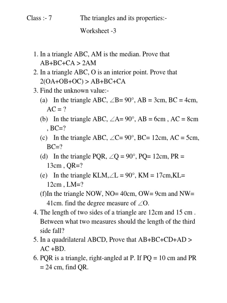 Class7 The Triangle and Its Properties Worksheet | PDF | Triangle ...