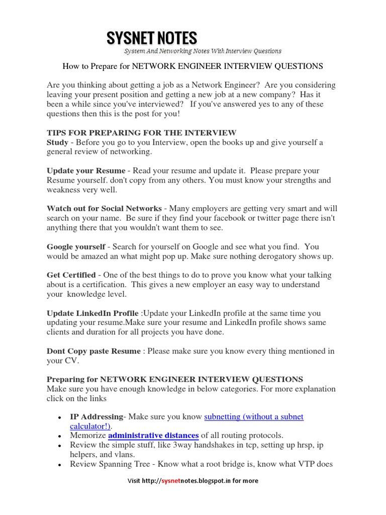 How To Prepare For Network Engineer Interview Questions | PDF | Routing ...