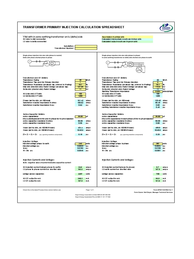 Transformer Primary Injection Calculation Spreadsheet: Ynd With in Zone ...