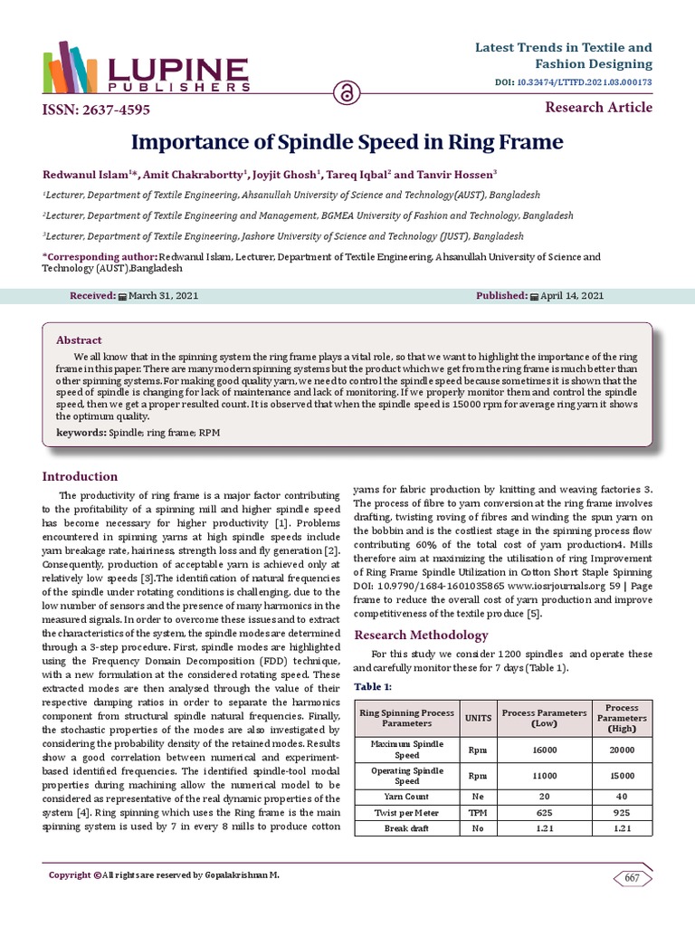 Importance of Spindle Speed in Ring Frame: Research Article ISSN: 2637 ...