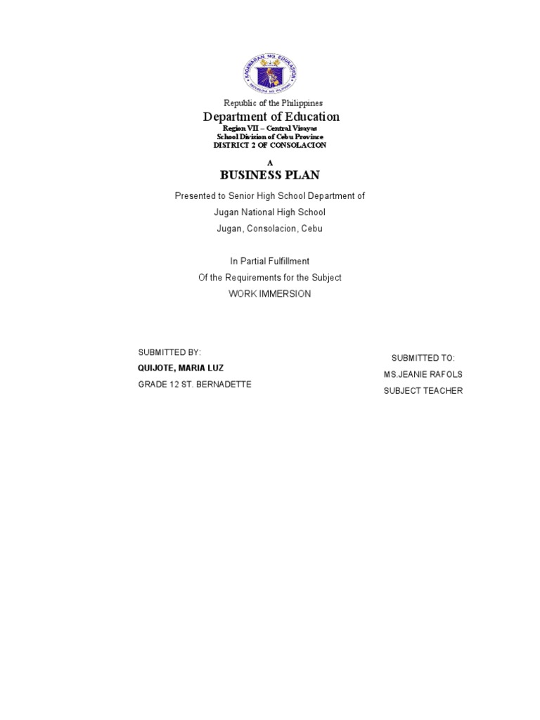 Business Plan in Work Immersion | PDF | Balance Sheet | Equity (Finance)