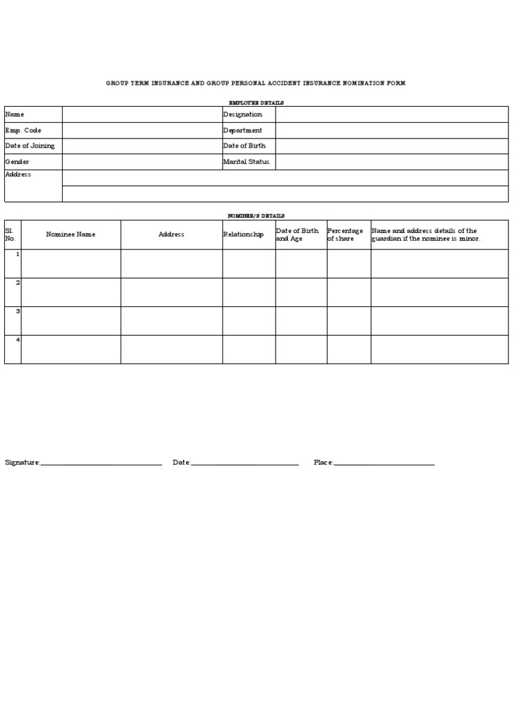 Group Term Insurance and Group Personal Accident Insurance Nomination ...