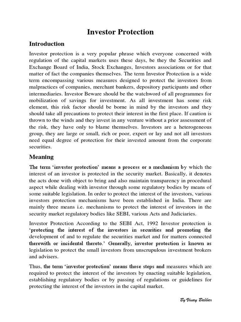 Investor Protection: by Vinay Babbar | PDF | Investor | Investing