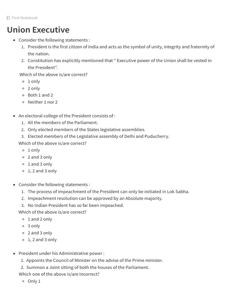 Union Executive Questions | PDF | Government Of India | Presidents Of ...