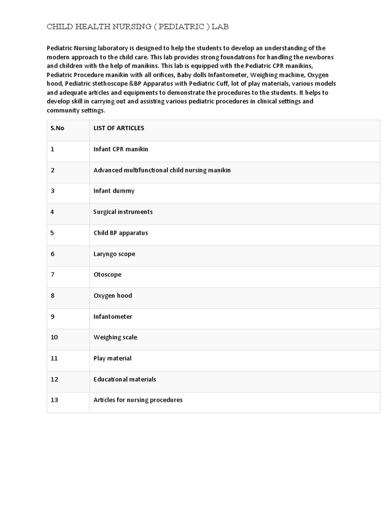 Child Health Nursing (Pediatric) Lab | PDF