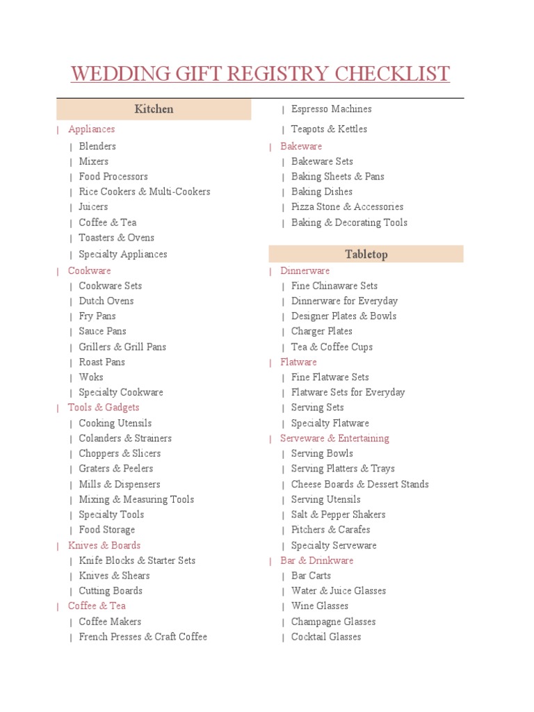 Wedding Gift Registry Checklist | PDF | Tableware | Cookware And Bakeware