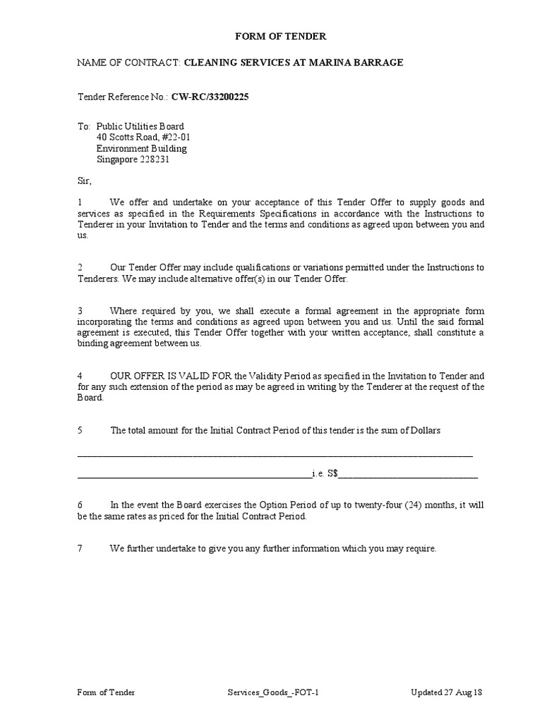 Form of Tender Services - Goods - FOT-1 Updated 27 Aug 18 | PDF ...