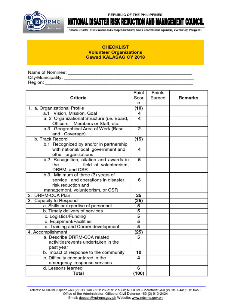Checklist Volunteer Organizations Gawad KALASAG CY 2018 | PDF ...