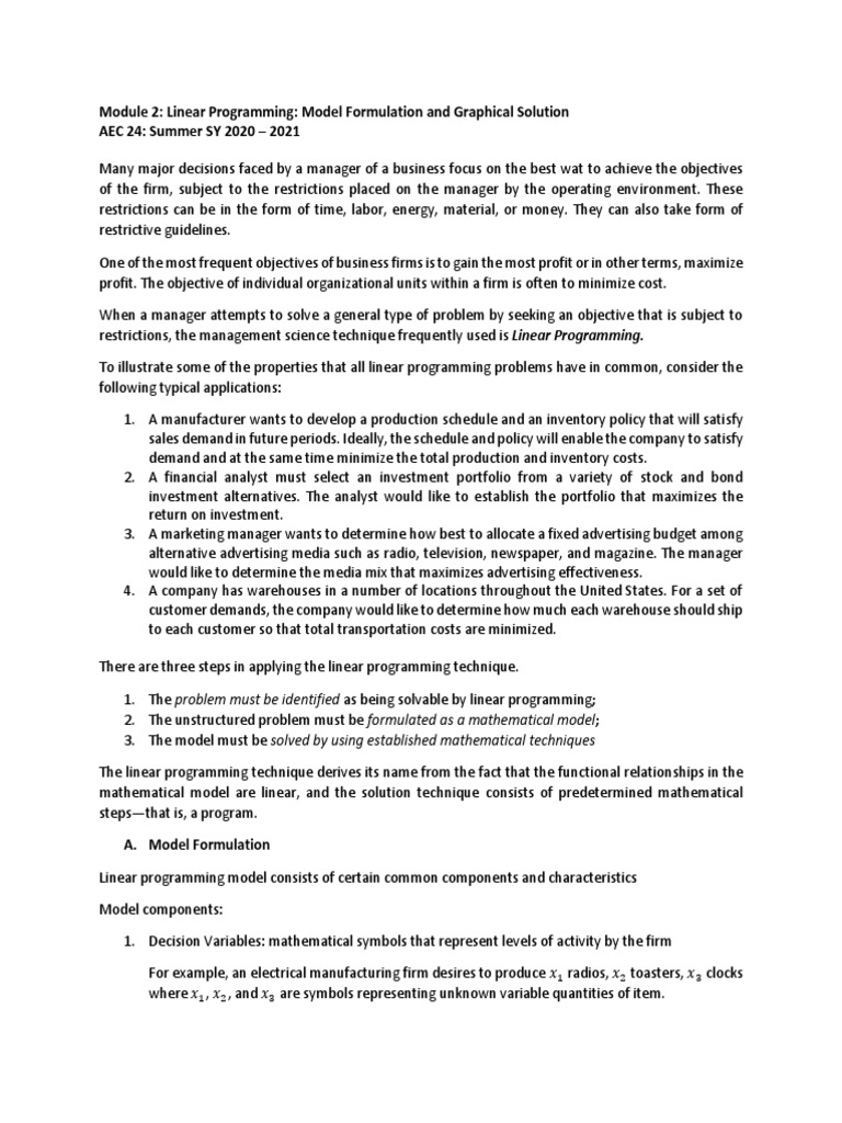 Module 2: Linear Programming: Model Formulation and Graphical Solution ...