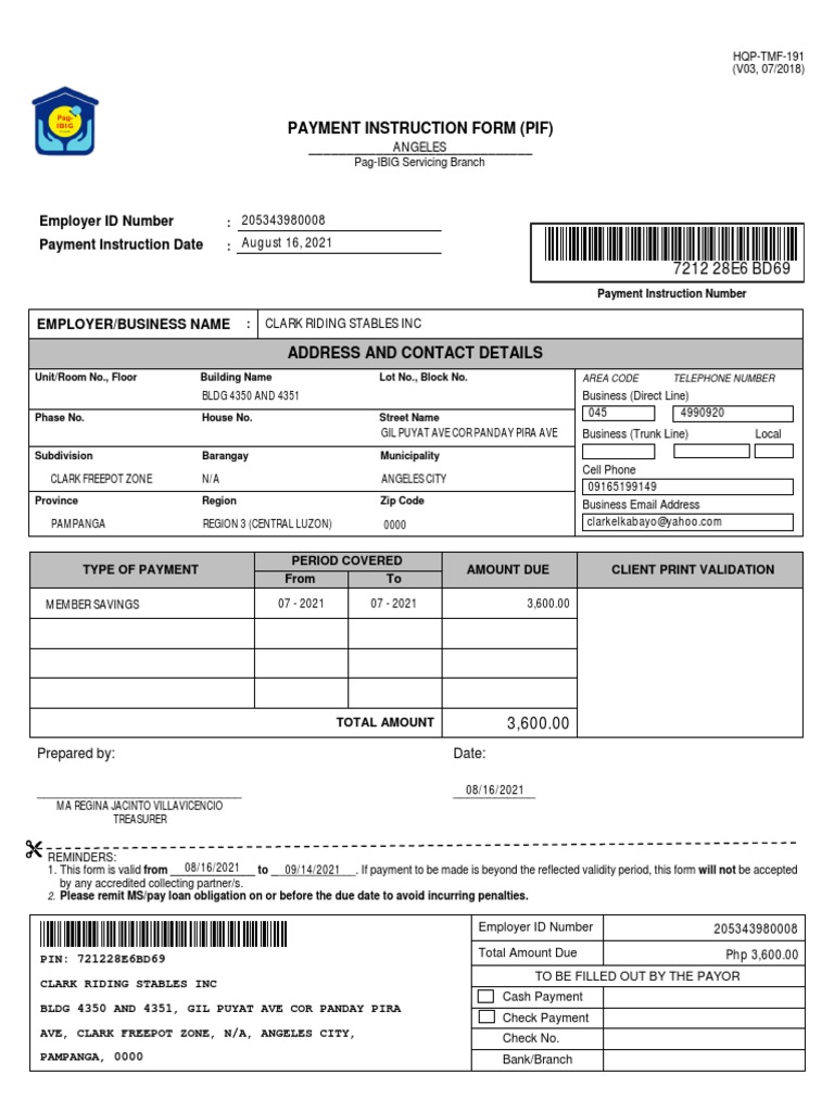 Payment Instruction Form (Pif) : Angeles | PDF | Payments | Service ...