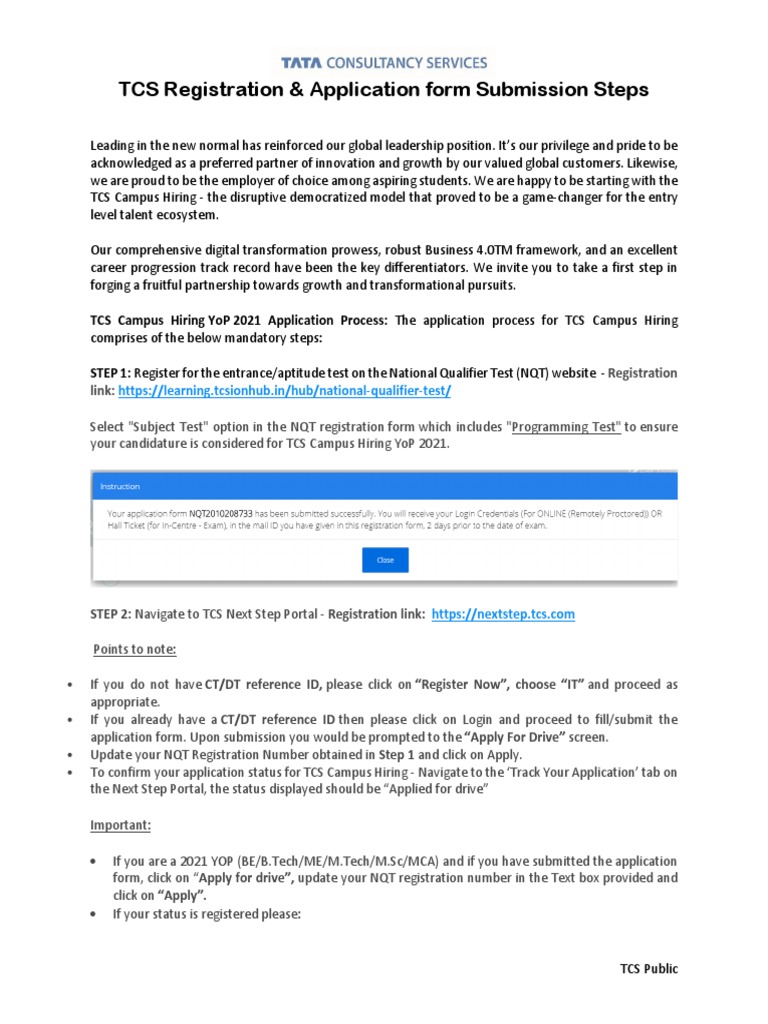 TCS Registration & Application Form Submission Steps | PDF | Password ...