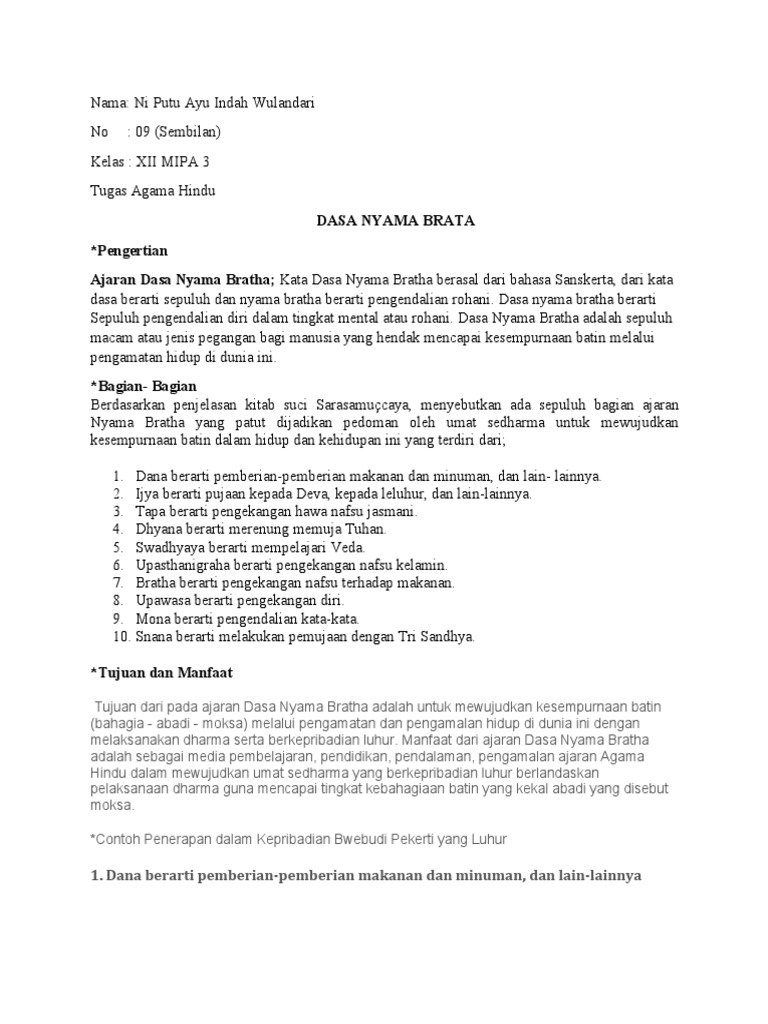 Tugas Agama Hindu Dasa Nyama Bratha | PDF