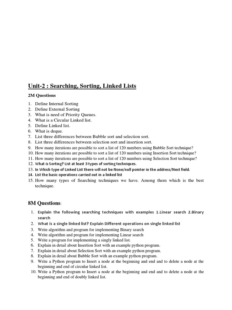 Unit-2: Searching, Sorting, Linked Lists: 2M Questions | PDF | Queue (Abstract Data Type ...