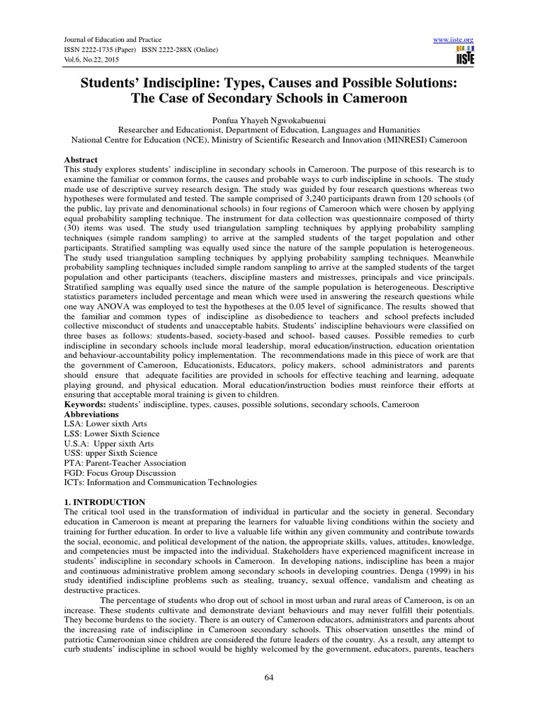 Students' Indiscipline: Types, Causes and Possible Solutions: The Case ...