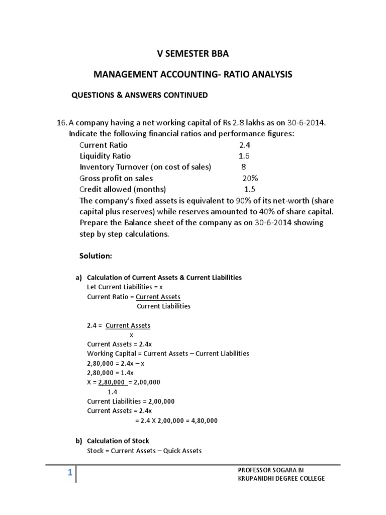 V Semester Bba Management Accounting-Ratio Analysis: Questions ...
