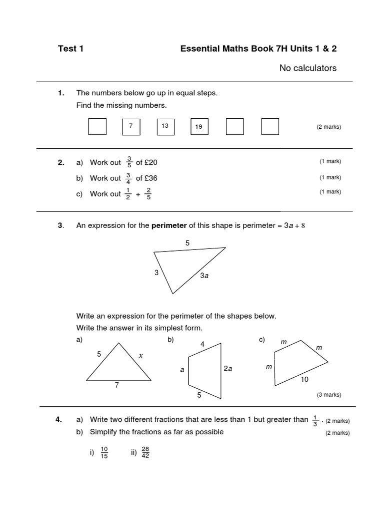 No Calculators: Test 1 Essential Maths Book 7H Units 1 & 2 | PDF | Area ...