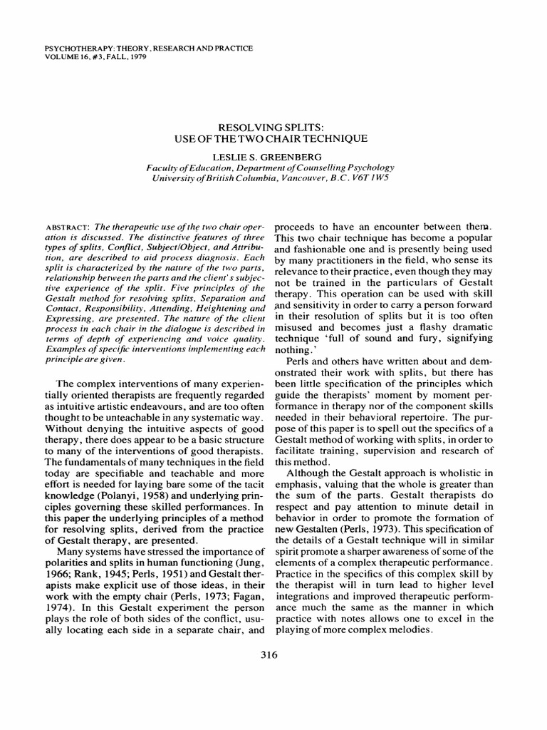 Resolving Splits: Use of The Two Chair Technique Leslie S. Greenberg ...