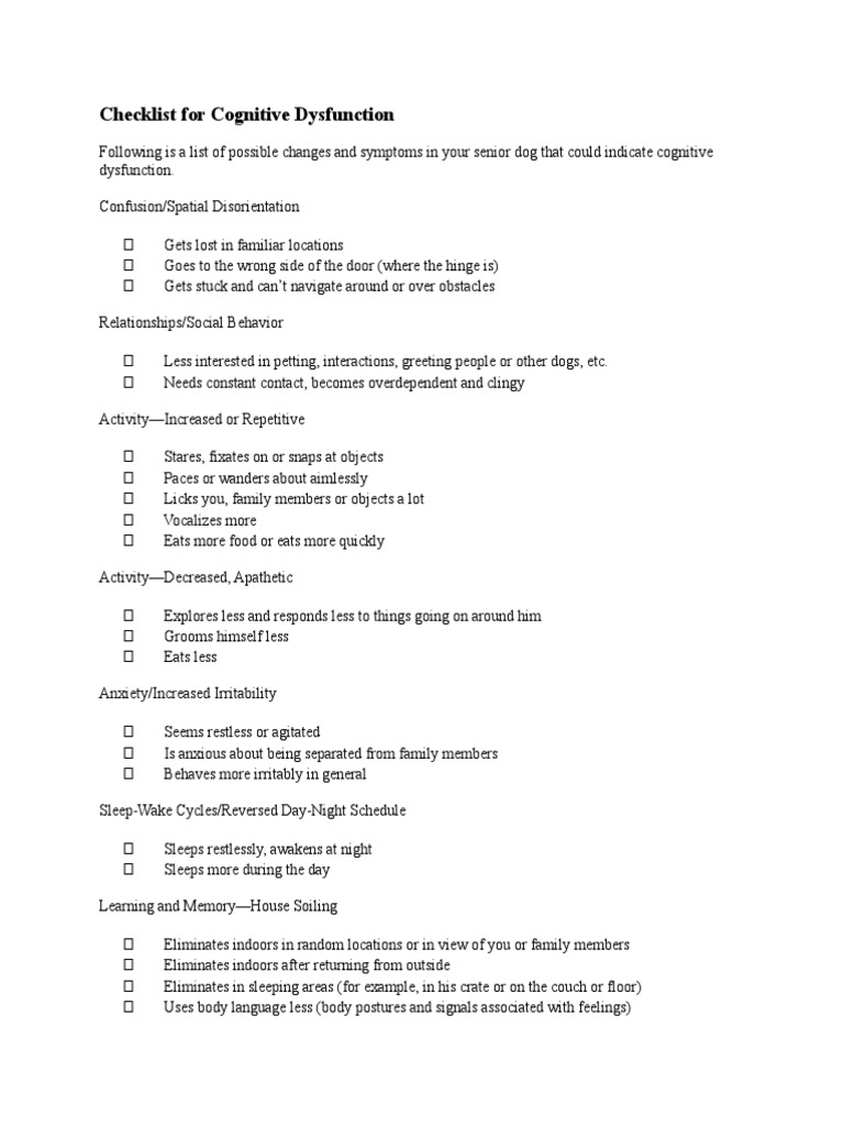 Checklist For Cognitive Dysfunction | PDF