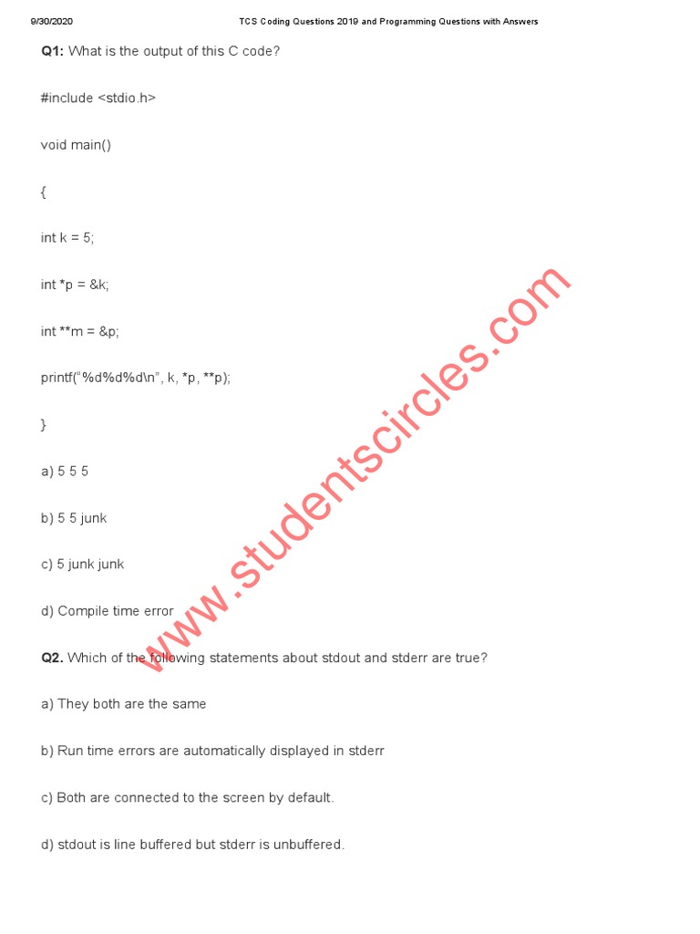 Tcs Coding Questions 2019 And Programming Questions With Answers Pdf Pointer Computer 5182