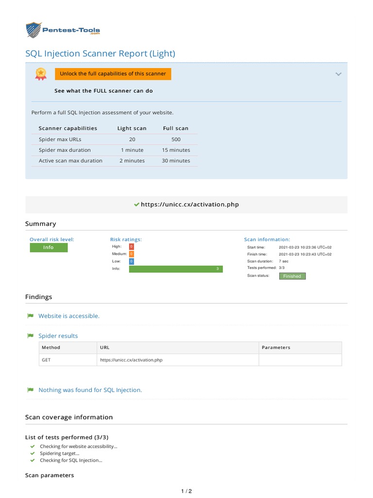 SQL Injection Scanner Report (Light) | PDF