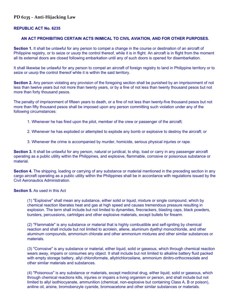 PD 6235 - Anti-Hijacking Law | PDF | Crime & Violence | Aircraft Hijackings