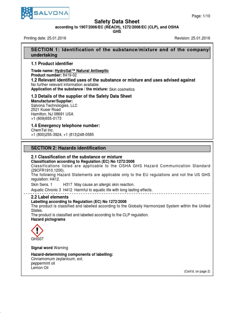 SDS - HydroSal Natural Antiseptic - 8419-02 | PDF | Chemistry | Working ...