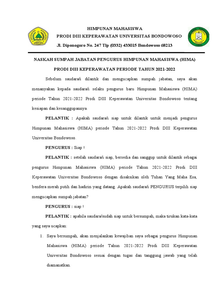 Naskah Sumpah Jabatan Pengurus Hima 2021 Fix | PDF