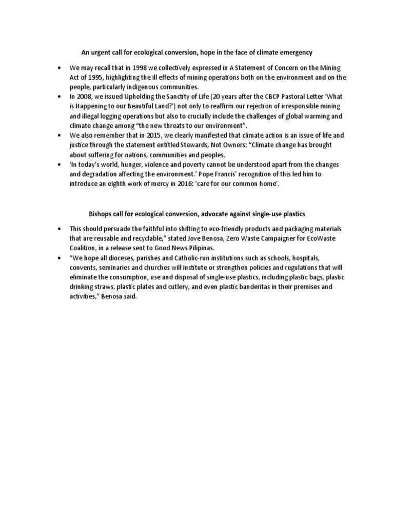 Bishops Urge Ecological Conversion Action | PDF | Politics | Social Science
