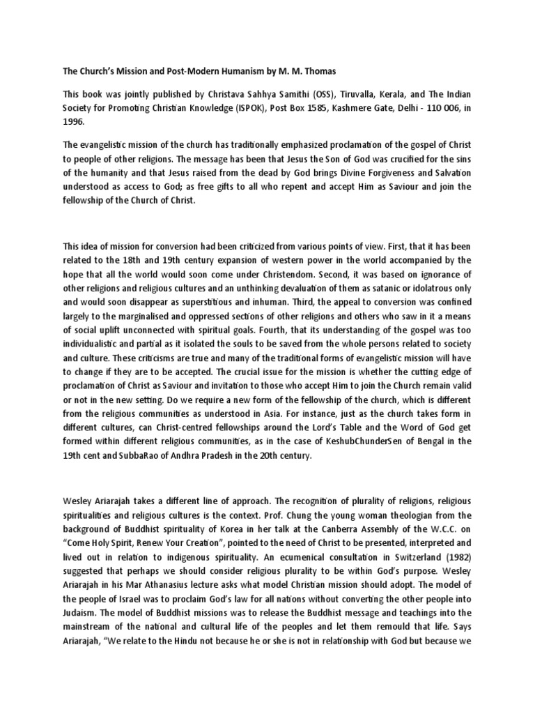 The Church's Mission and Post-Modern Humanism by M. M. Thomas | PDF ...