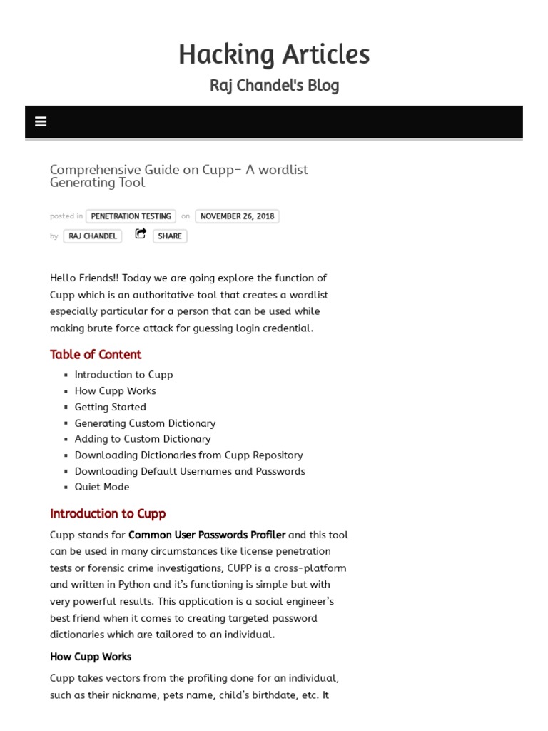 Comprehensive Guide On Cupp - A Wordlist Generating Tool | PDF | Security Hacker | Password