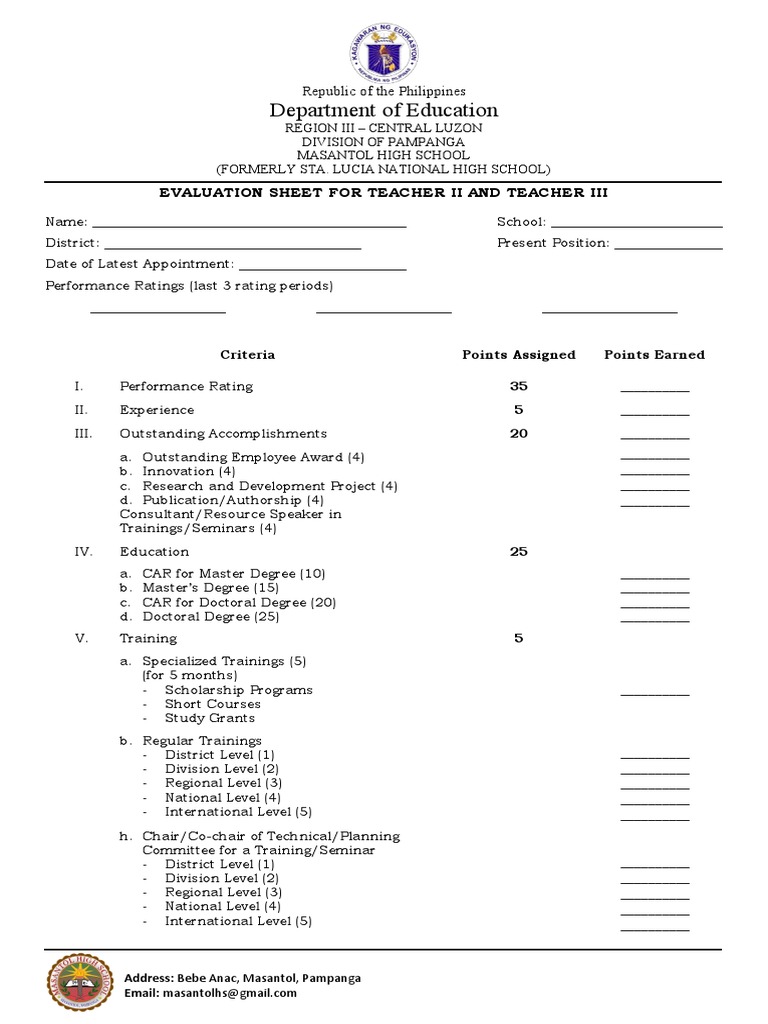 Teacher II and III Evaluation Sheet | PDF | Academia
