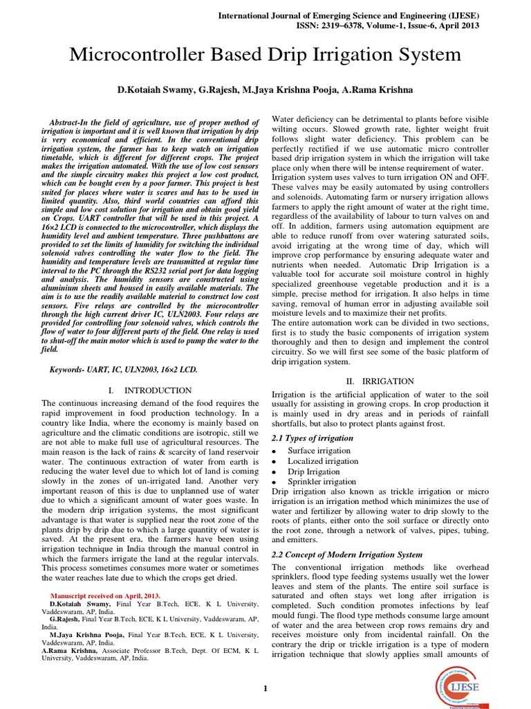 Microcontroller Based Drip Irrigation System: D.Kotaiah Swamy, G.Rajesh, M.Jaya Krishna Pooja, A ...